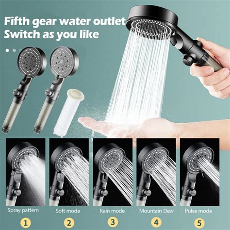 물 절약 블랙 샤워 헤드 5 가지 모드 조절 가능 고압 샤워 원 키 스톱 워터 마사지 에코 샤워 욕실 액세서리