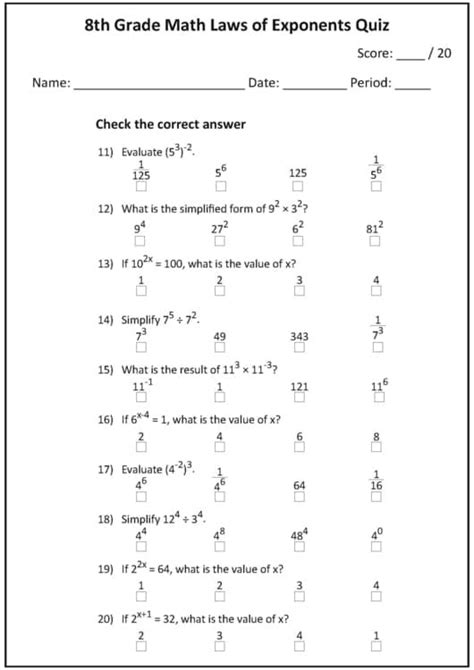 Properties Laws Of Exponents Quiz And Cheat Sheet Reference Guide Print