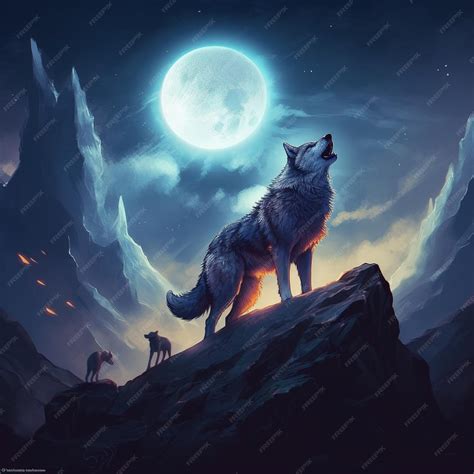Premium Photo Wolf Howling On A Full Moon Night At A Mountain