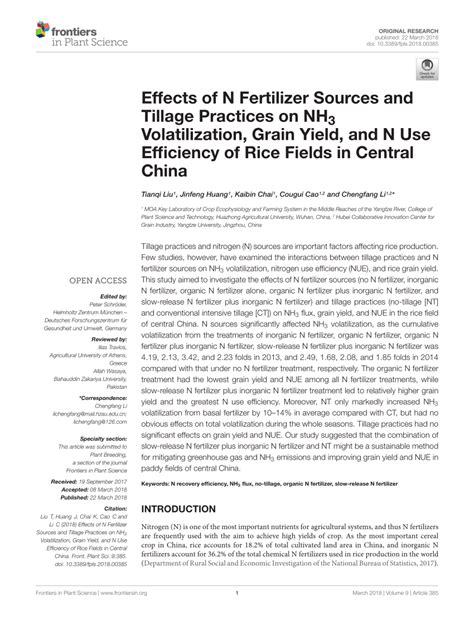 Pdf Effects Of N Fertilizer Sources And Tillage Practices On Nh3