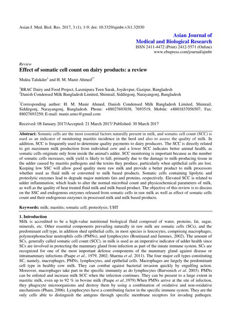 Pdf Effect Of Somatic Cell Count On Dairy Products A Review