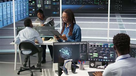 Woman In Server Hub Using Ai Visualization Insights On Tablet Device To Optimize System Health