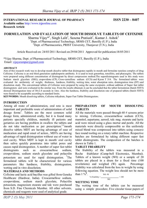 Pdf Formulation And Evaluation Of Mouth Dissolve Tablets Of Cefixime