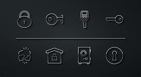 라인 잠금 깨지거나 금이 간 잠금 열쇠 금고 보호중인 집 열쇠 구멍 및 원격 아이콘이있는 자동차 키를 설정합니다 벡터 개념에