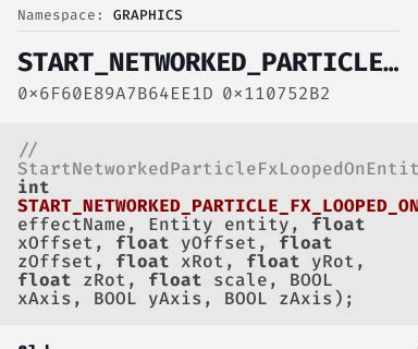 StartNetworkedParticleFxLoopedOnEntity FiveM Natives Cfx Re Docs