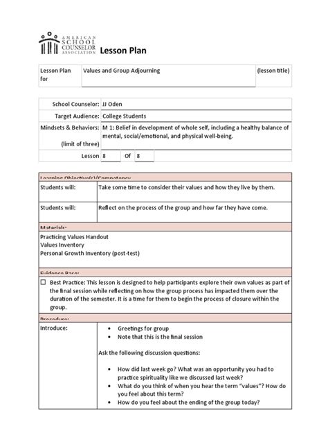 Values Lesson Plan Pdf Lesson Plan Mindset