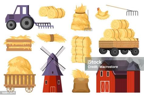 농장의 건초 더미는 플랫 디자인의 요소를 메가 설정합니다 트랙터 헛간 풍차 손수레 및 상자 롤에 짚 더미 및 건초 더미 벡터 그림 격리된 그래픽 개체 집에 대한 스톡 벡터