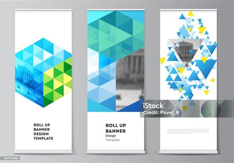롤 배너 스탠드 수직 전단지를 편집 레이아웃의 벡터 일러스트 레이 션 플래그 비즈니스 템플릿 디자인 파란색 삼각형 화려한