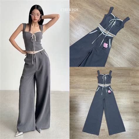 Cherish Setตัวเสื้อสีเทากางเกงเอวสูง Grey Shopee Thailand