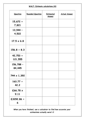 estimating calculations table by indiarose26 teaching resources tes