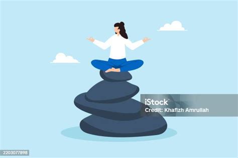 평면 일러스트레이션 차분한 여성 마음 챙김 균형 안정 및 내면의 평화를 상징하는 쌓인 돌 더미에서 명상합니다 Mental Wellbeing에 대한 스톡 벡터 아트 및 기타