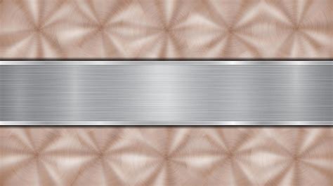 청동 광택 금속 표면과 금속 질감 눈부심 및 광택 가장자리가 있는 중앙에 위치한 하나의 수평 광택 은판으로 구성된 배경 프리미엄 벡터