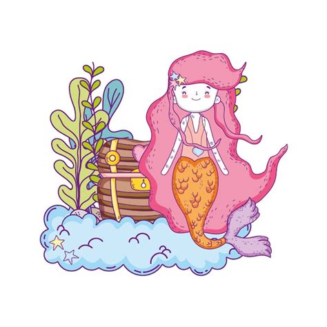 보물 상자 해저 장면 인어 프리미엄 벡터