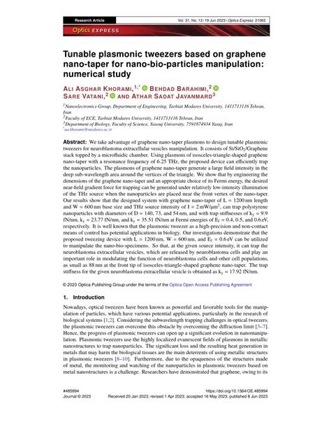 Pdf Tunable Plasmonic Tweezers Based On Graphene Nano Taper For
