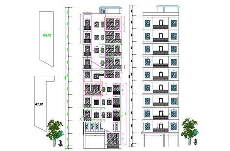 Facade Elevation And Section Details Of Multi Story Apartment Building Dwg File Artofit