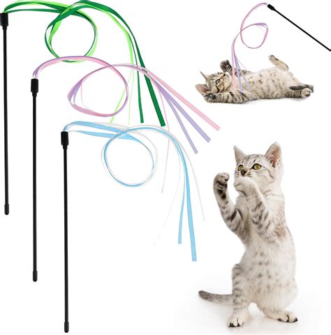 Cretty Meet 2pcs Interactive Cat Wand Toy Colorful Fabric Ribbon