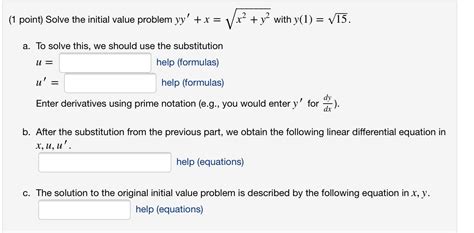 solved 1 point solve the initial value problem yy′ x x2 y2