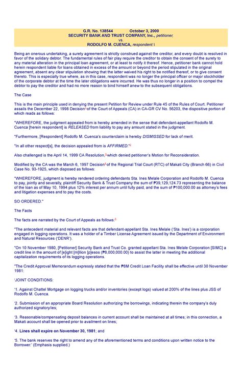 Loan Function Cases G No 138544 October 3 2000 Security Bank And Trust Company Inc Studocu