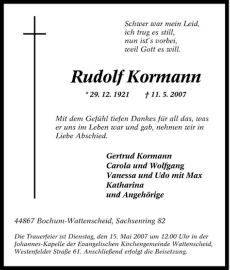 Traueranzeigen Von Rudolf Kormann Trauer In Nrw De