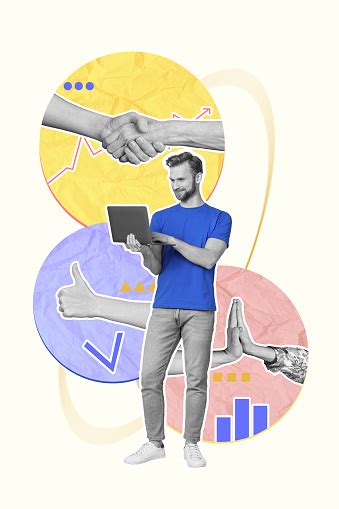 크리 에이 티브 3d 사진 콜라주 트렌드 아트 워크 템플릿 실루엣 젊은 남자 스탠드 유형 휴대용 퍼스널 컴퓨터 손 몸짓 악수