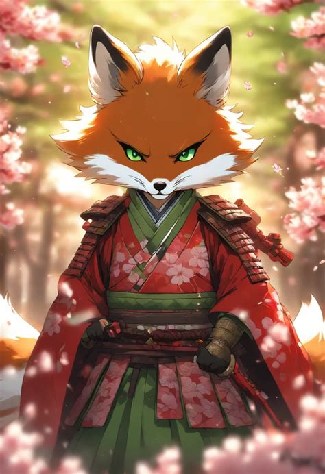 숲 앞에 서있는 기모노 복장의 붉은 여우 Seaart Ai