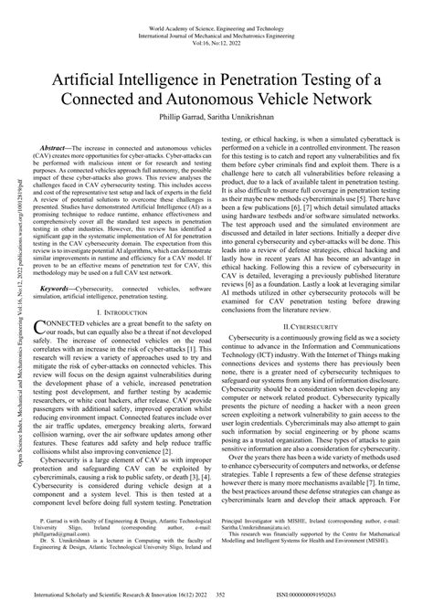 Pdf Artificial Intelligence In Penetration Testing Of A Connected And Autonomous Vehicle Network