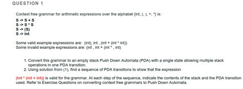 Solved Question 1 Context Free Grammar For Arithmetic
