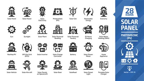 태양 광 전지 패널 아이콘 태양 광 발전 홈 시스템 및 재생 전기 에너지 기술 문양 기호 설정 집 셀 배터리 옥상 인버터 충전 컨트롤러 및 미터 아이콘에 대한 스톡 벡터