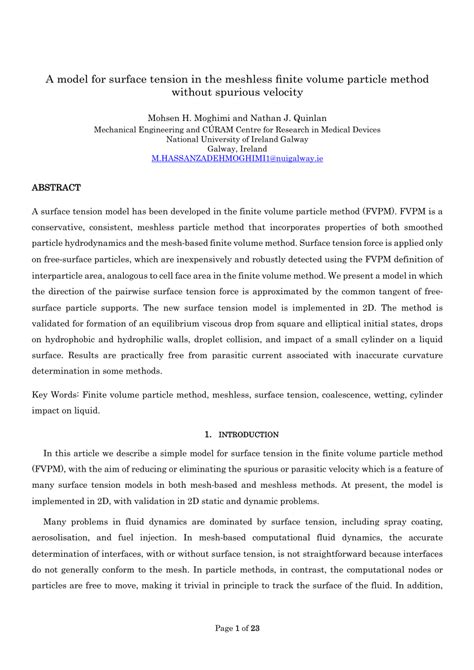 Pdf A Model For Surface Tension In The Meshless Finite Volume Particle Method Without Spurious