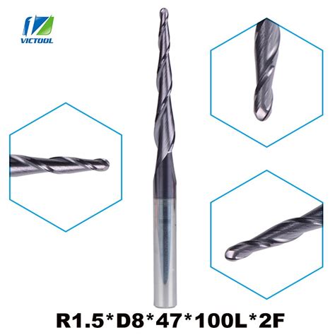 R15 D8 47 100l 2f 텅스텐 카바이드 라우터 비트 볼 노즈 콘 유형 테이퍼 엔드 밀 8mm 생크