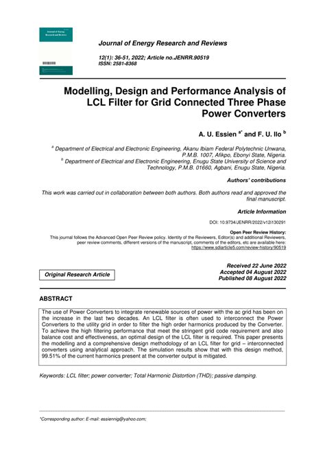 Pdf Modelling Design And Performance Analysis Of Lcl Filter For Grid Connected Three Phase