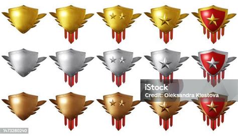 3d 골드 실버 브론즈 방패 세트 현실적인 금속 트로피 중세 수상 키트 레벨 업 게임 배지 0명에 대한 스톡 사진 및 기타 이미지 Istock
