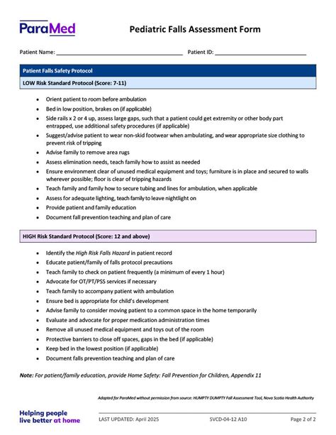 Pediatric Falls Assessment Form Extendicare Print Shop