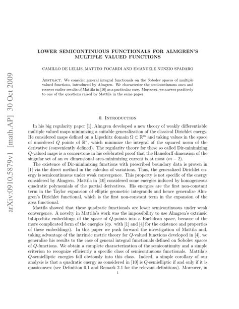 Pdf Lower Semicontinuous Functionals For Almgrens Multiple Valued Functions