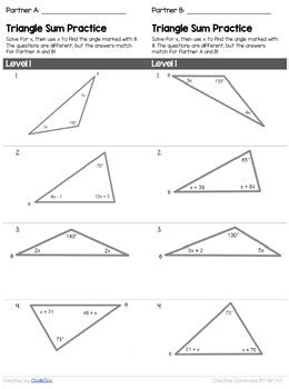 Triangle Sum Solve For X Then Missing Angle Partner Practice Activity