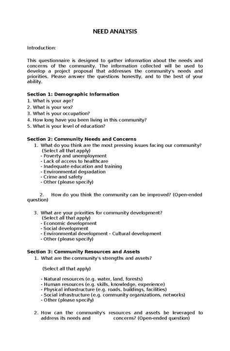 Need Analysis Community Needs Assessment Questionnaire Studocu
