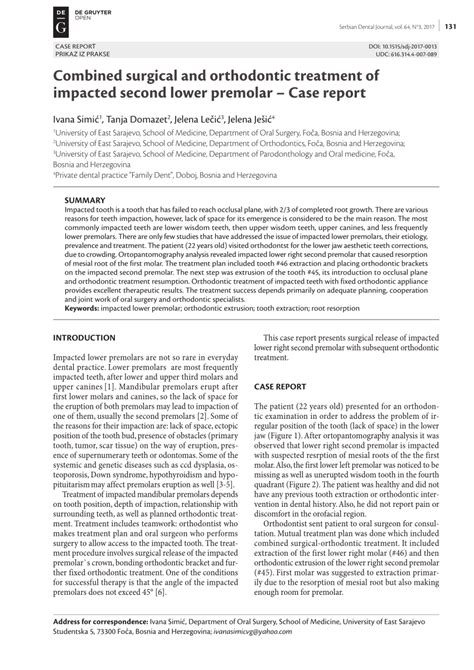 Pdf Combined Surgical And Orthodontic Treatment Of Impacted Second Lower Premolar Case Report