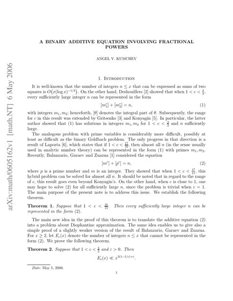 Pdf A Binary Additive Equation Involving Fractional Powers