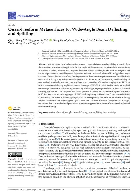Pdf Quasi Freeform Metasurfaces For Wide Angle Beam Deflecting And