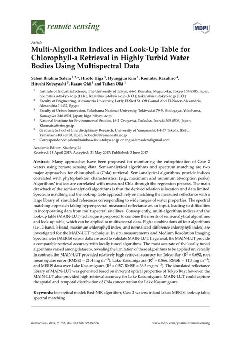 Pdf Multi Algorithm Indices And Look Up Table For Chlorophyll A Retrieval In Highly Turbid