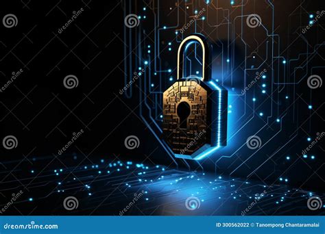 A Golden Padlock And Illuminated Digital Circuit Tech Elements With Blue Neon Glow Light
