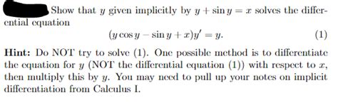 solved show that y given implicitly by y siny x solves the