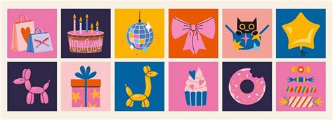 밝은 축제 파티 장식 세트입니다 풍선 축하 케이크 과자 선물 활 및 디스코 볼이 있는 사각형 다채로운 아이콘 트렌디 한 현대 벡터 일러스트 레이 션 손으로 그린 평면 디자인
