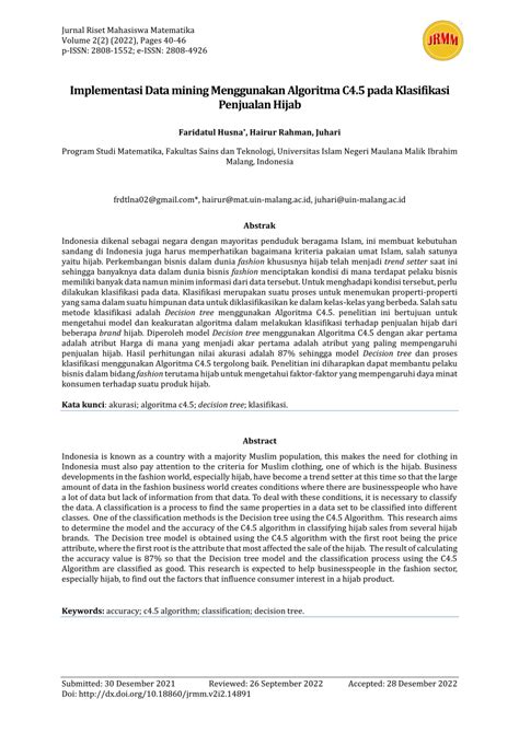 pdf implementasi data mining menggunakan algoritma c4 5 pada