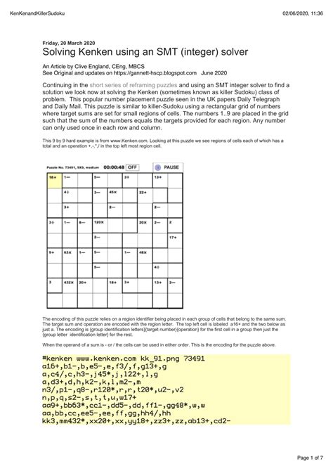 pdf solving kenken using an smt integer solver