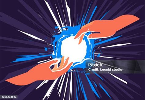 세상을 만드는 개념의 벡터 일러스트 중앙에 플래시로 원자를 만지는 두 손 고독 부정적인 감정 표현에 대한 스톡 벡터 아트 및 기타 이미지 고독 부정적인 감정 표현