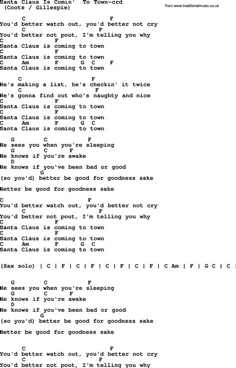 Santa Claus Is Comin To Town Lyrics Printable