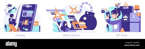 Cybercrime Set Illustrating Phishing Ddos Attack And Iot Hack