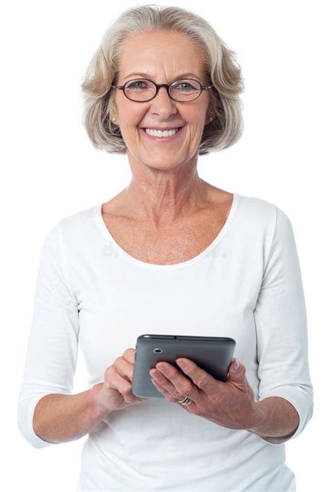 Aged Woman With Touch Pad Device Stock Image Image Of Device Lady