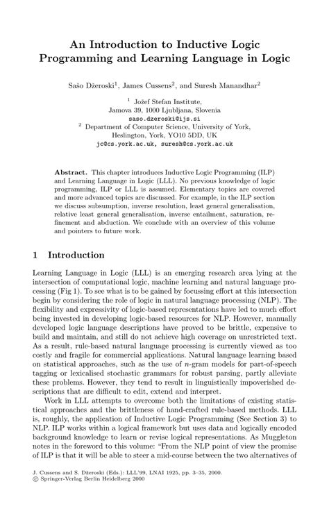 Pdf An Introduction To Inductive Logic Programming And Learning